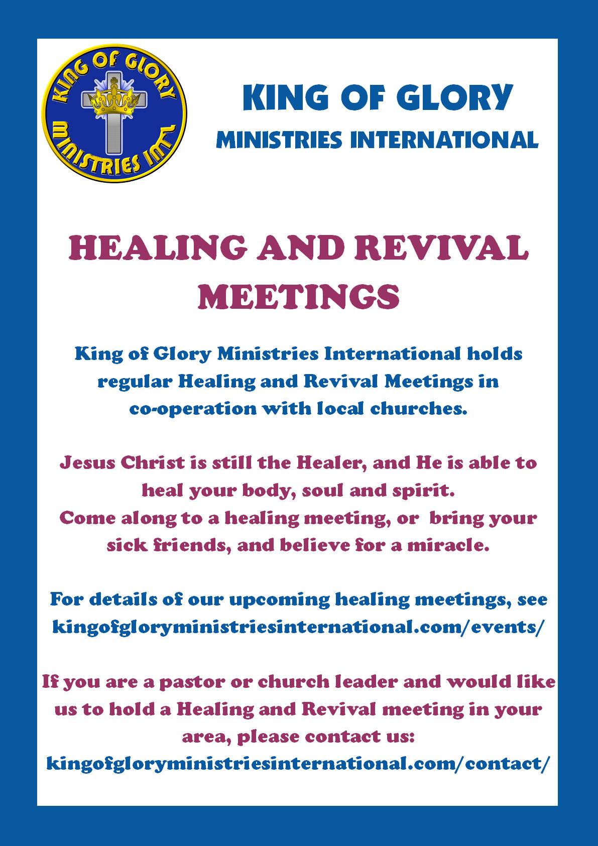 Healing Meetings – King of Glory Ministries International